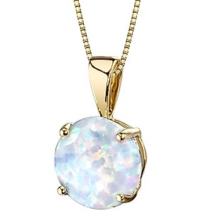 PEORA 14K Yellow Gold Created White Fire Opal Pendant for Women, Classic Solitaire, 1 Carat Round Shape AAA Grade