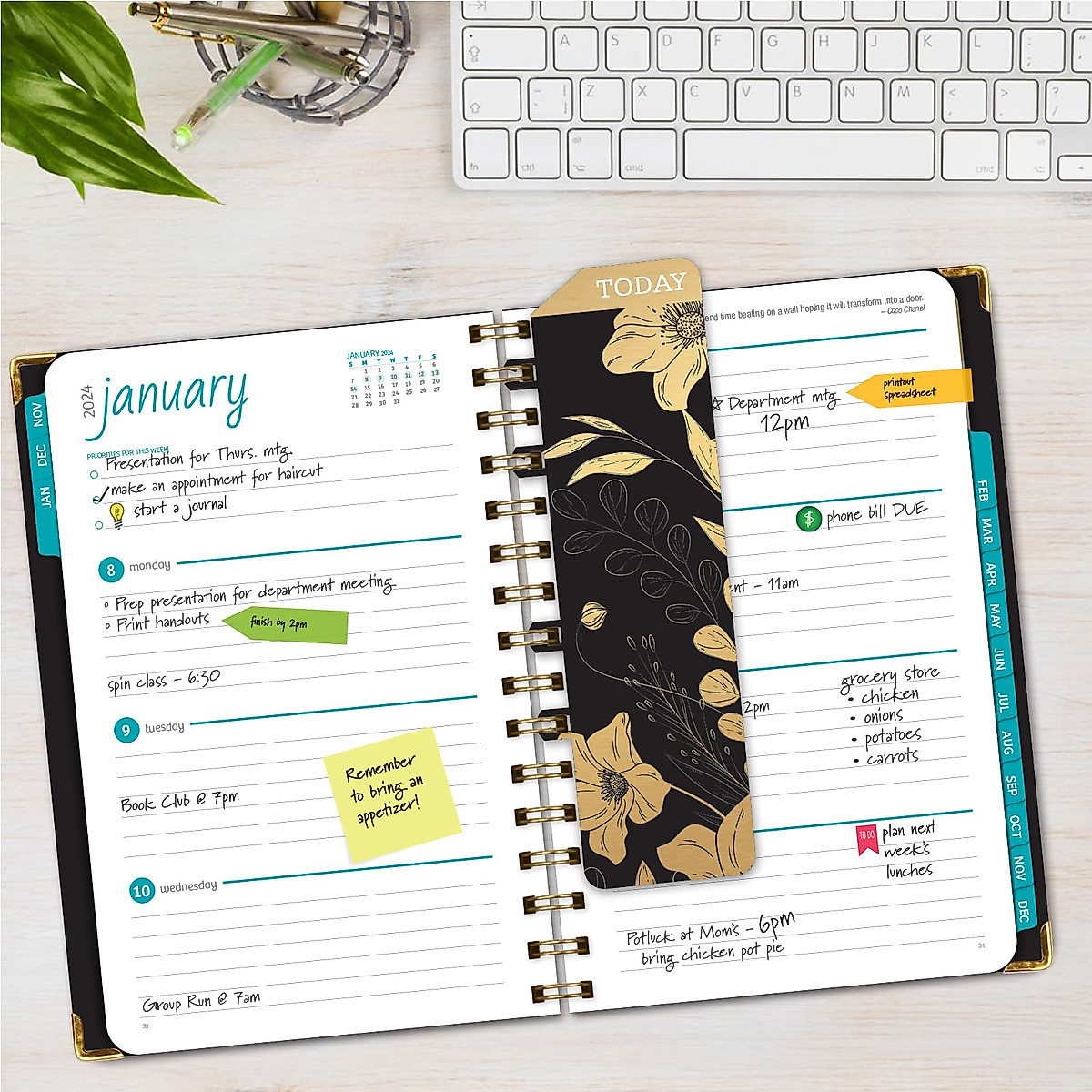 HARDCOVER 2024 Planner: (November 2023 Through December 2024) 5.5"x8" Daily Weekly Monthly Planner Yearly Agenda. Bookmark, Pocket Folder and Sticky Note Set (Golden Floral)