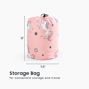 Wake In Cloud - Sleeping Bag Zippered, Nap Mat with Matching Pillow for Kids Boys Girls Sleepover Overnight Travel Slumber Bag, White Unicorns Printed on Pink, 100% Soft Microfiber