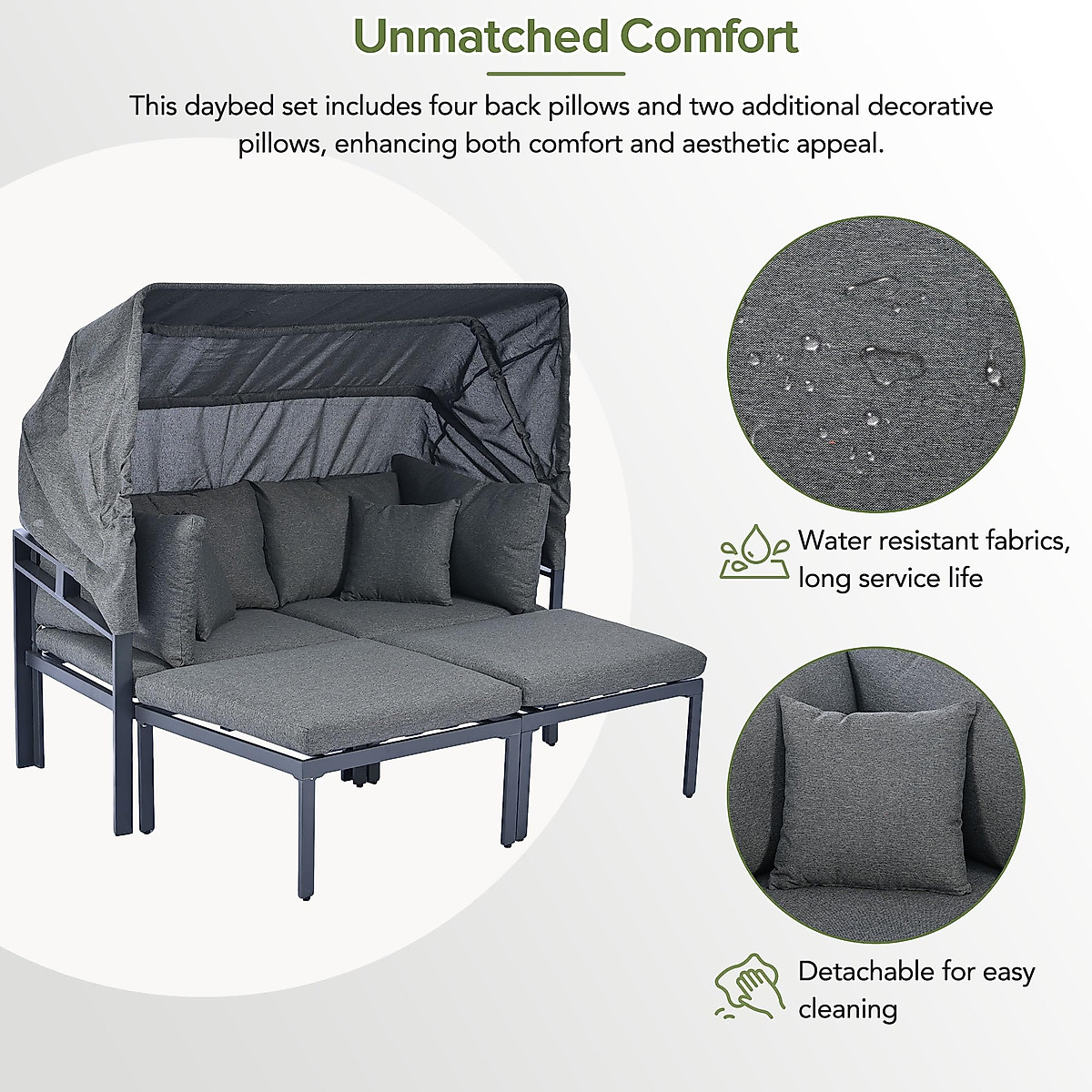 Merax 3-Piece Patio Daybed with Retractable Canopy and Cushions, Outdoor Metal Sectional Sofa Set Sun Lounger for Backyard, Porch, Poolside, Grey