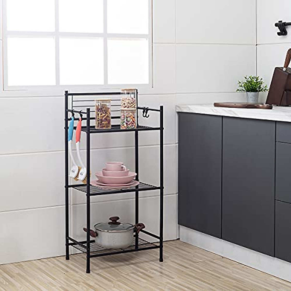 L&H UNICO 3-Shelf Tier Standing Unit Storage Wire Shelving Multipurpose Rack Organizer with 4-Hooks for Bathroom Laundry Kitchen Office, Black