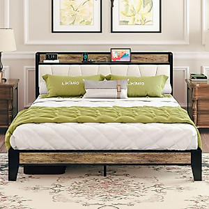LIKIMIO Full Size Bed Frame, Storage Headboard with Charging Station, Solid and Stable, Noise Free, No Box Spring Needed, Easy Assembly (Walnut and Beige)