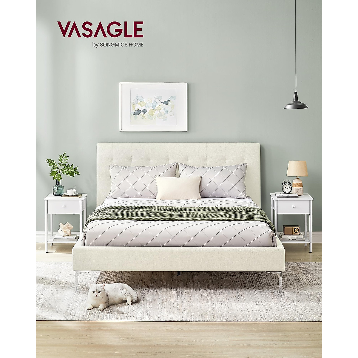VASAGLE Nightstand, End Table, Side Table with Drawer and Shelf, 15.7 x 15.7 x 21.7 Inches, Bedroom, Steel Frame, Easy Assembly, Modern, Matte White ULET055W14