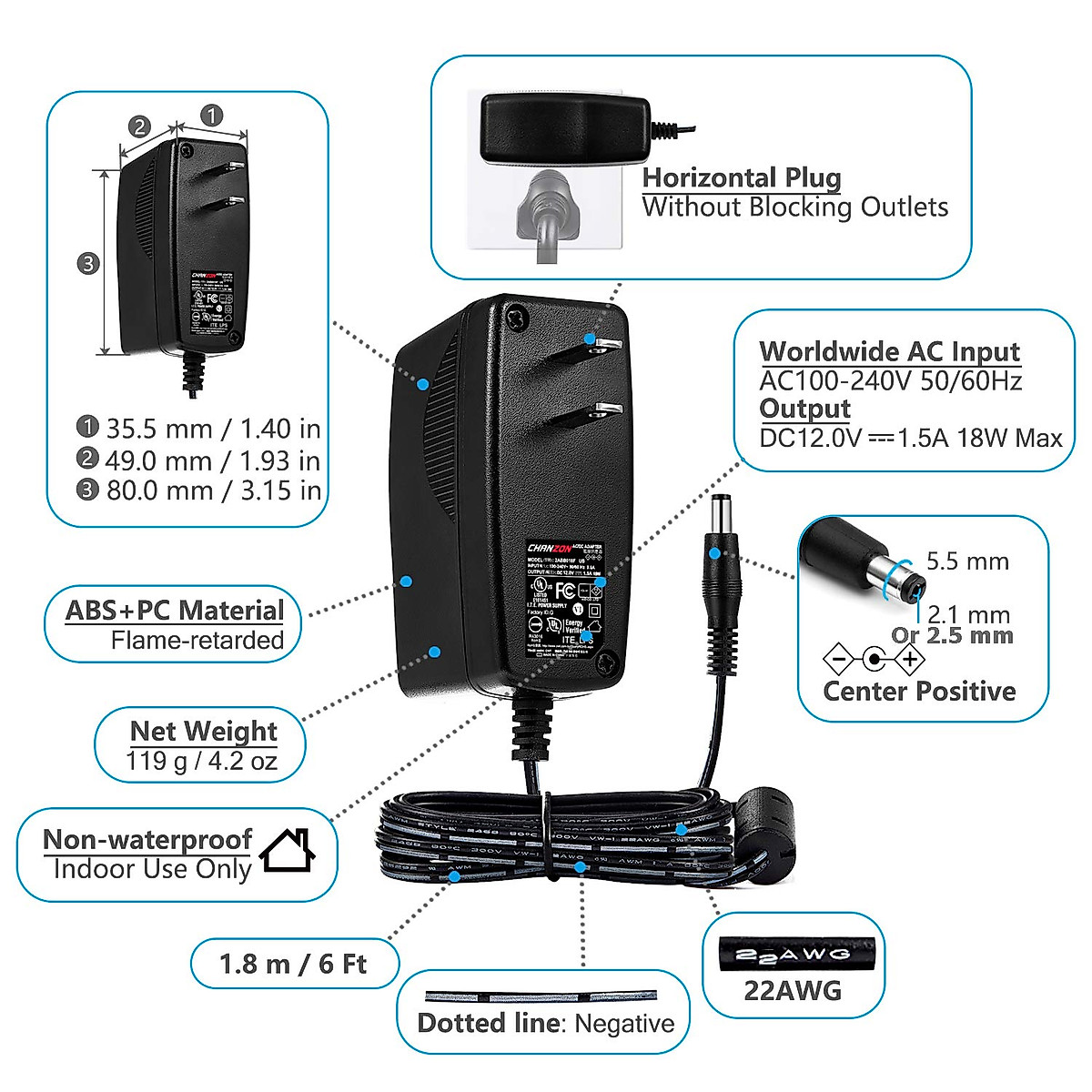 Chanzon 12V 1.5A 18W Power Supply AC DC Switching Adapter, 12 Volt 1.5 Amp AC/DC Wall Wart Converter Transformer, 100-240v 50 60HZ Input with 12vdc 1500ma Output