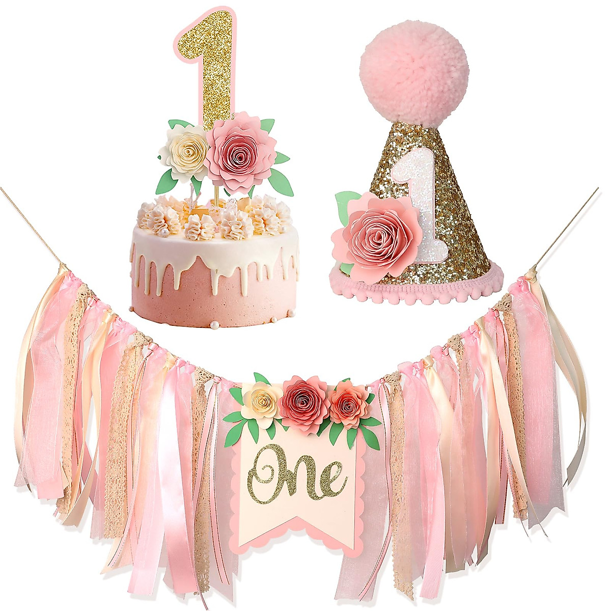 Dusty Pink 1st Birthday High Chair Floral Banner Decor Boho Floral 1st Birthday Hat Decorations 1st Birthday Cake Topper Baby Girl Banner Baby Shower Wall Hangings Decorative For Kids Bedroom