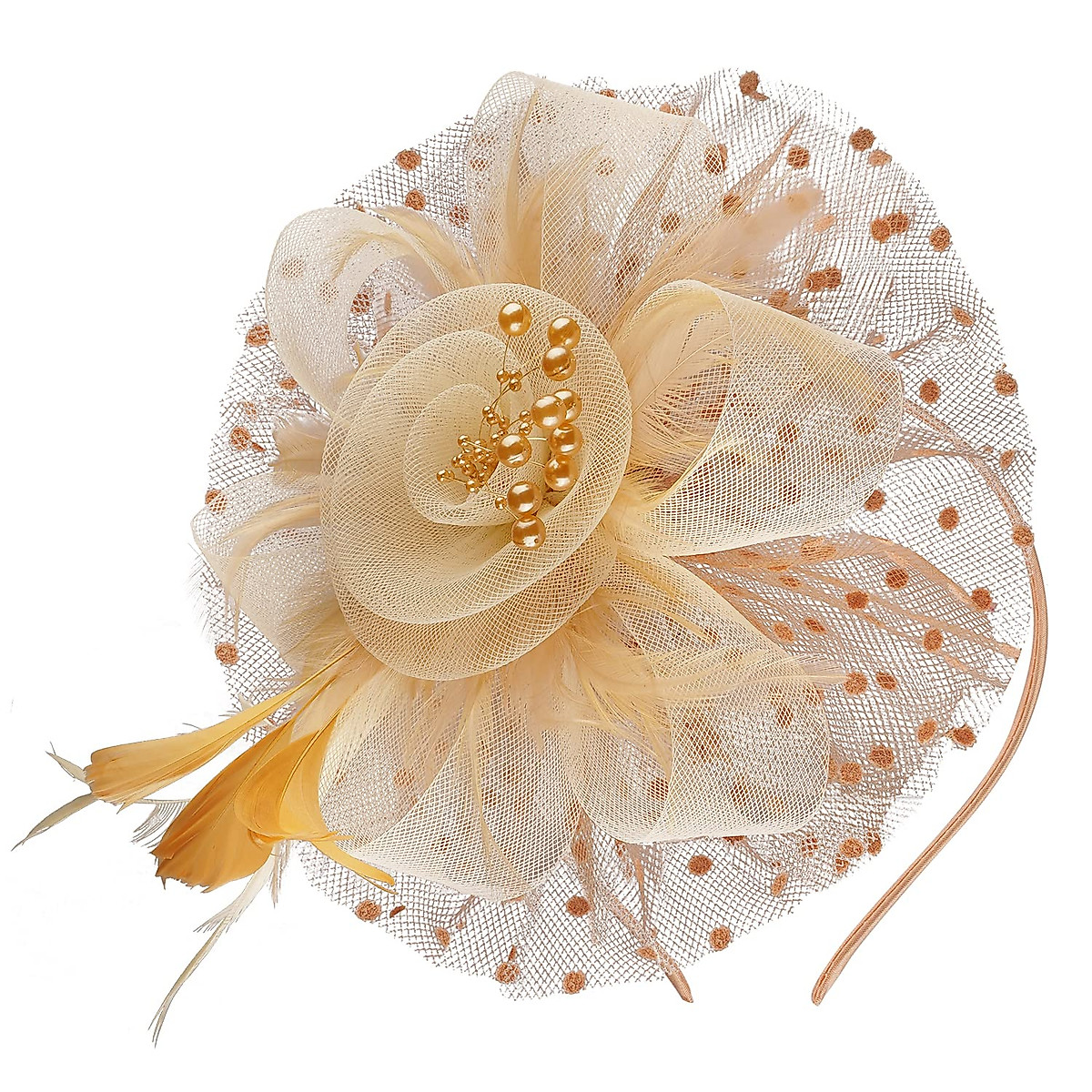 Cizoe Kentucky Derby Fascinators for Women High Tea Party Hat Wedding Cocktail Flower Headware with Mesh and Feathers(Gold&Beige)