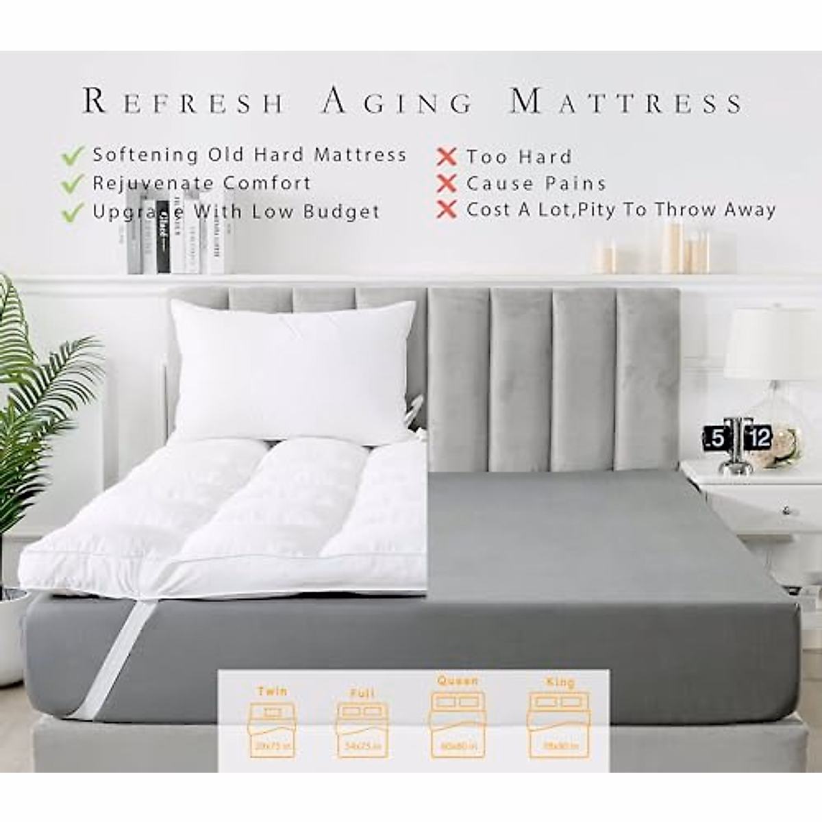 WhatsBedding 4.5 Inch Memory Foam Mattress Topper Full Size, 100% Cotton Cover, Anti-Slip Bottom, 4 Anchor Elastic Bands, 75x39x4.5 Inch