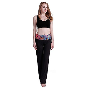 HDE Foldover Athletic Yoga Pants Gym Workout Leggings (Purple Paisley, Large)