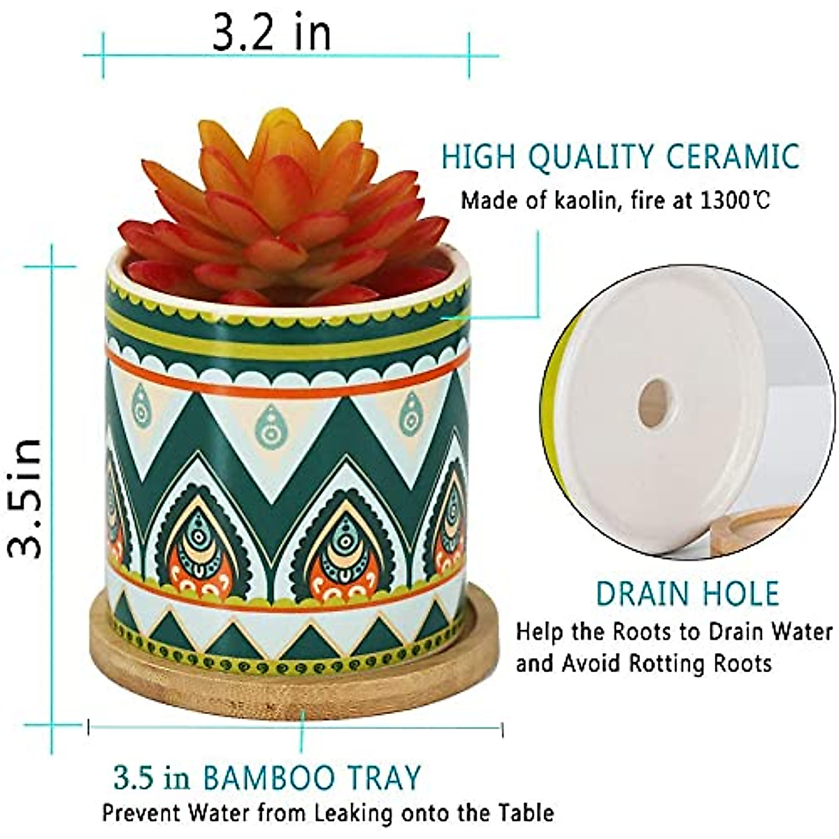 COLOAPT Succulent Plant Pots - 3.1 inch Ceramic Succulent Planter -Cylinder Flower Pots for Cactus with Drainage Hole and Bamboo Tray, 6 Pack (Multicolor1)