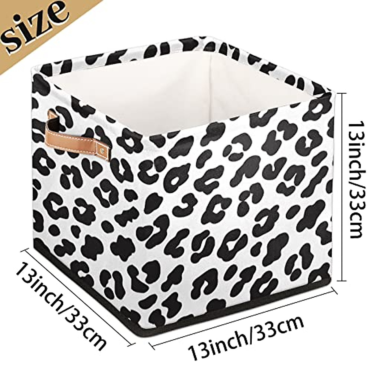 Black Leopard Print Storage Basket Bins for Organizing Pantry/Shelves/Office/Girls Room, Animal Skin Storage Cube Box with Handles Collapsible Toys Organizer 13x13