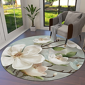 Vintage Teal Tulip Round Area Rug 3ft,Washable Outdoor Indoor Carpet Runner Rug for Bedroom,Kitchen,Living Room,Elegant Floral Farmhouse Flowers Rustic Brown Area+Rug Small Bath Door Desk Floor Mat