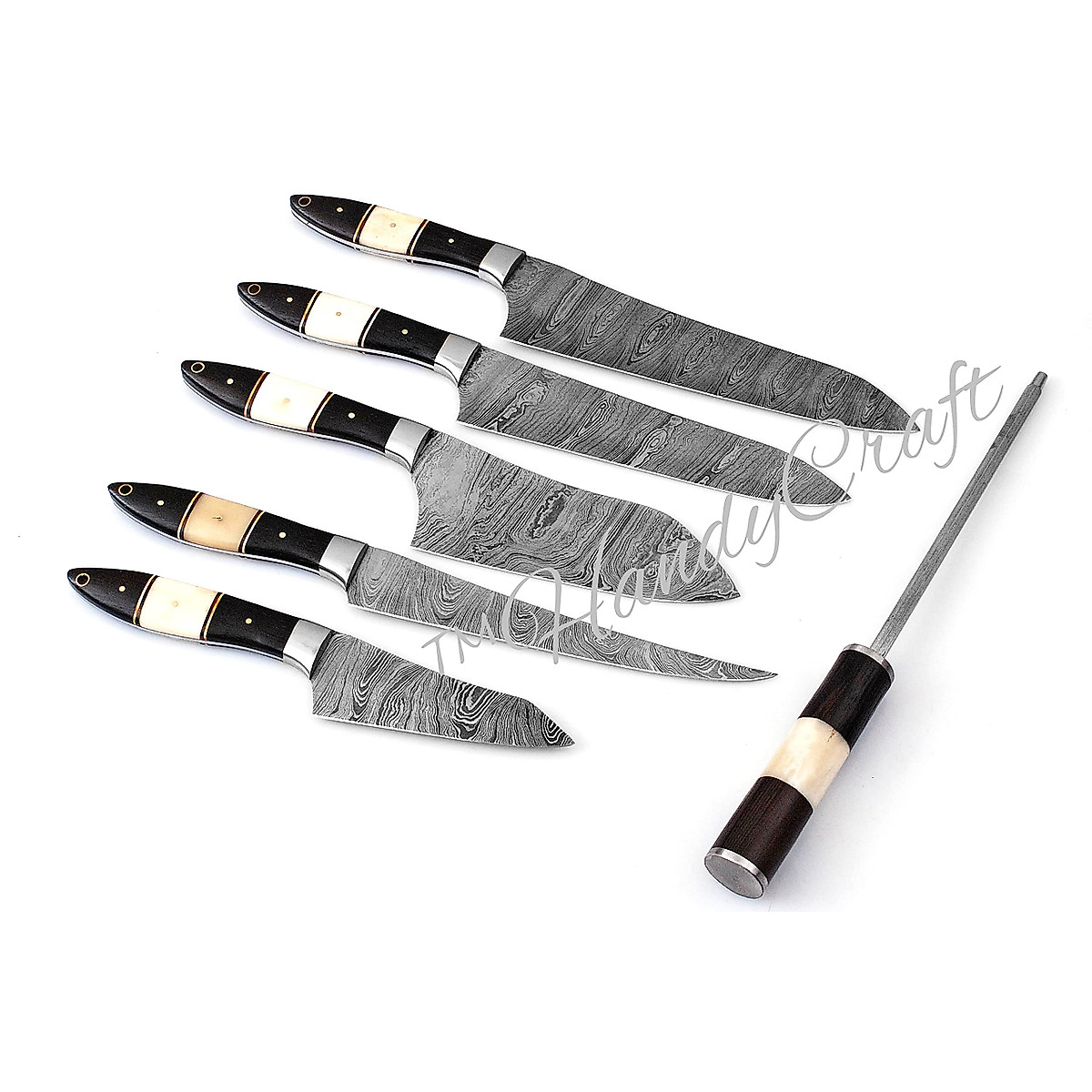 HandyCrafts Hk71 Damascus Chef knife set of 6 pieces Professional utility japanese style BBQ Steel with Black American wood and Camel Bone Leather Sheath Cover, HC71, Black/White, 11 x 3 x 2 inches