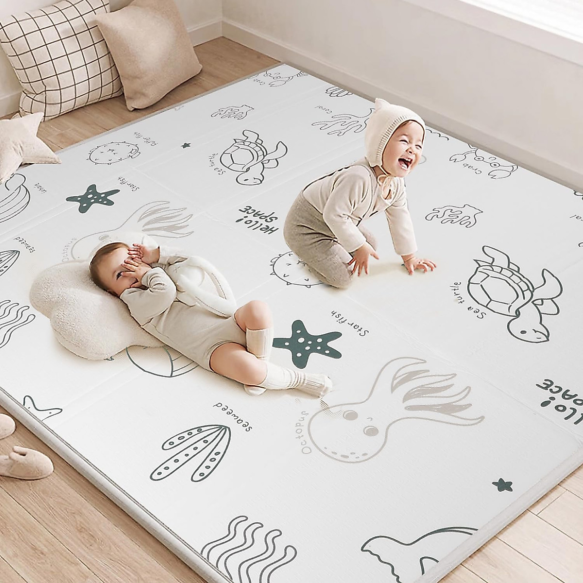 CreateBay Foldable Baby Play Mat, 79x71 Inch Thick 0.8 Inch XPE Foam Waterproof, Extra Large Crawling Mat for Floor Kids Infant Training Non-Slip Reversible Non-Toxic