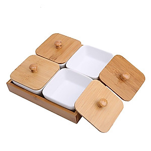 Ceramic Appetizer Serving Plate with Bamboo Tray Cover for Fruits Nuts Desserts fit for Wide Variety of Desktop Decoration(Four compartments with Cover)