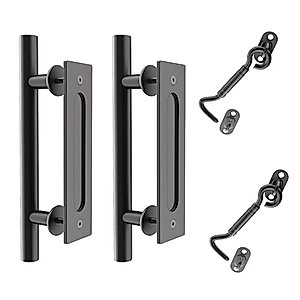 SANKEYTEW 2 Pack 12" Sliding Barn Door Handle Pulls and Flush Two-Sided Hardware Set with Barn Door Latch Lock, Barn Door Handles Black, Rustic, Protective Coating, Easy to Install
