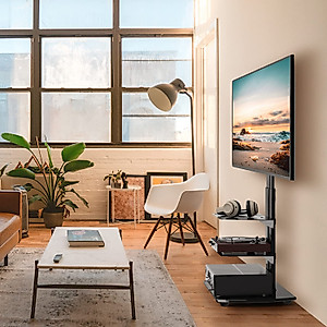 5Rcom Floor TV Stand with Mount, Height Adjustable TV Floor Stand with Swivel Mount for 27-70 inch Flat or Curved Screens TVs, Sturdy Tempered Glass Base with 3 Large Shelves for Bedroom, Black