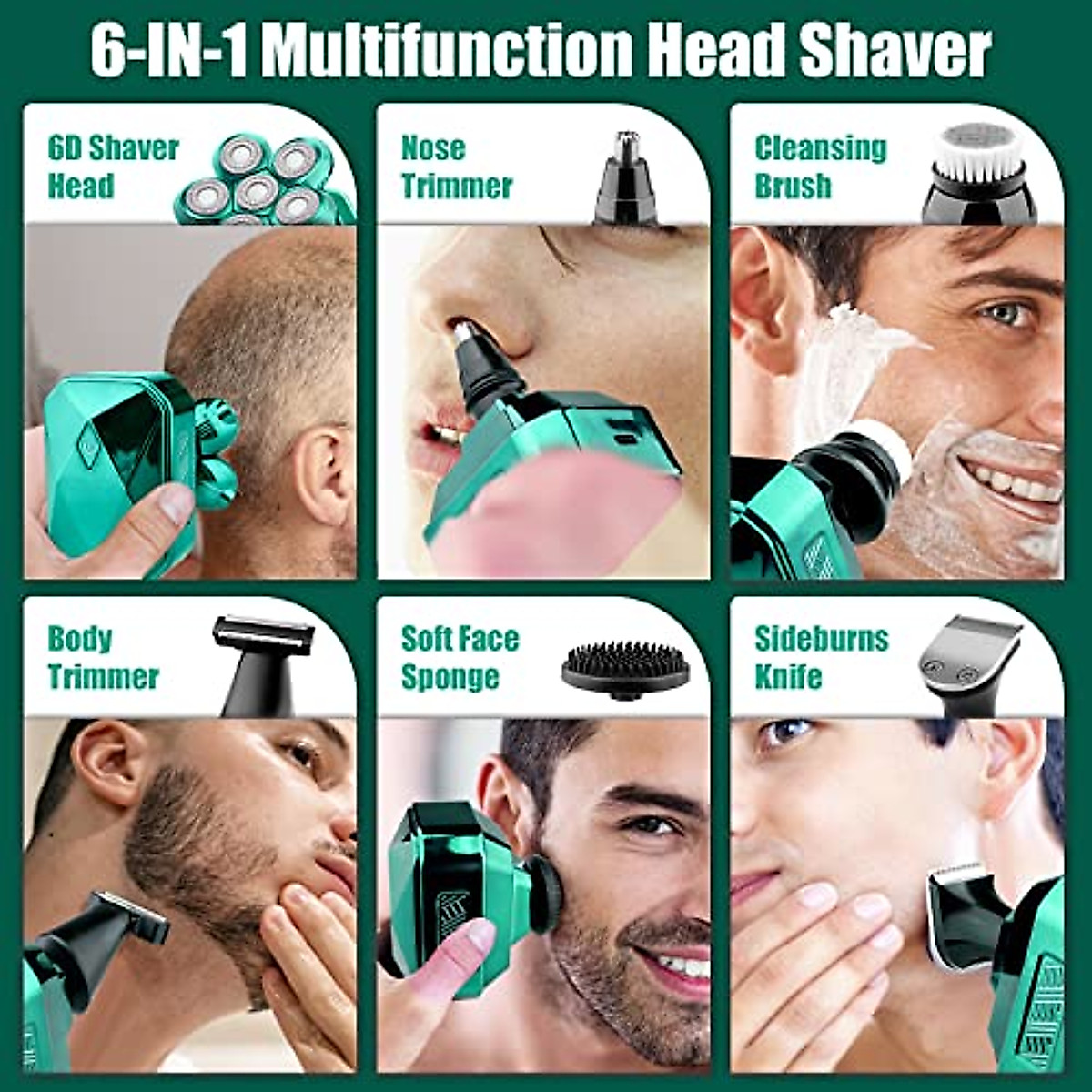 Head Shavers for Bald Men, 6-in-1 Electric Razor for Men, 7D Anti-Pinch Mens Grooming Kit with Nose Hair Trimmer, Beard Trimmer for Men, Waterproof & Rechargeable Electric Shavers Gift for Men