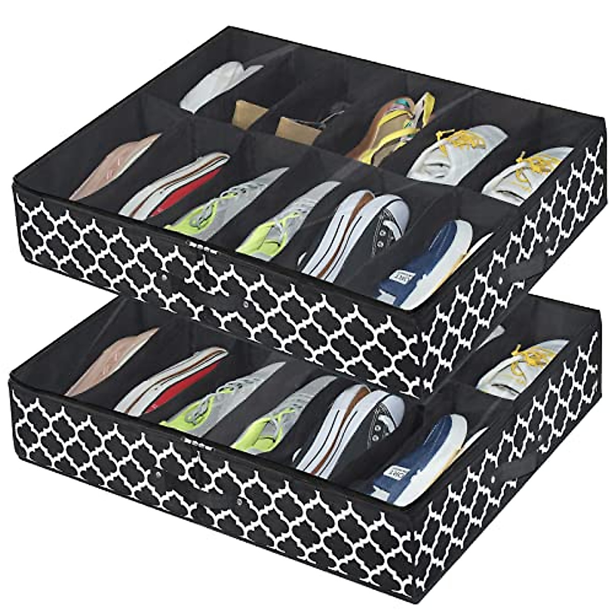 Under Bed Shoe Storage Organizer -Set of 2 ¨C Shoe Organizer Under Bed - Fits Men's and Women's Shoes, High Heels, and Sneakers - Up to 24 Pairs - Extra-Strong Zipper - Black - Perfect for College Dorms