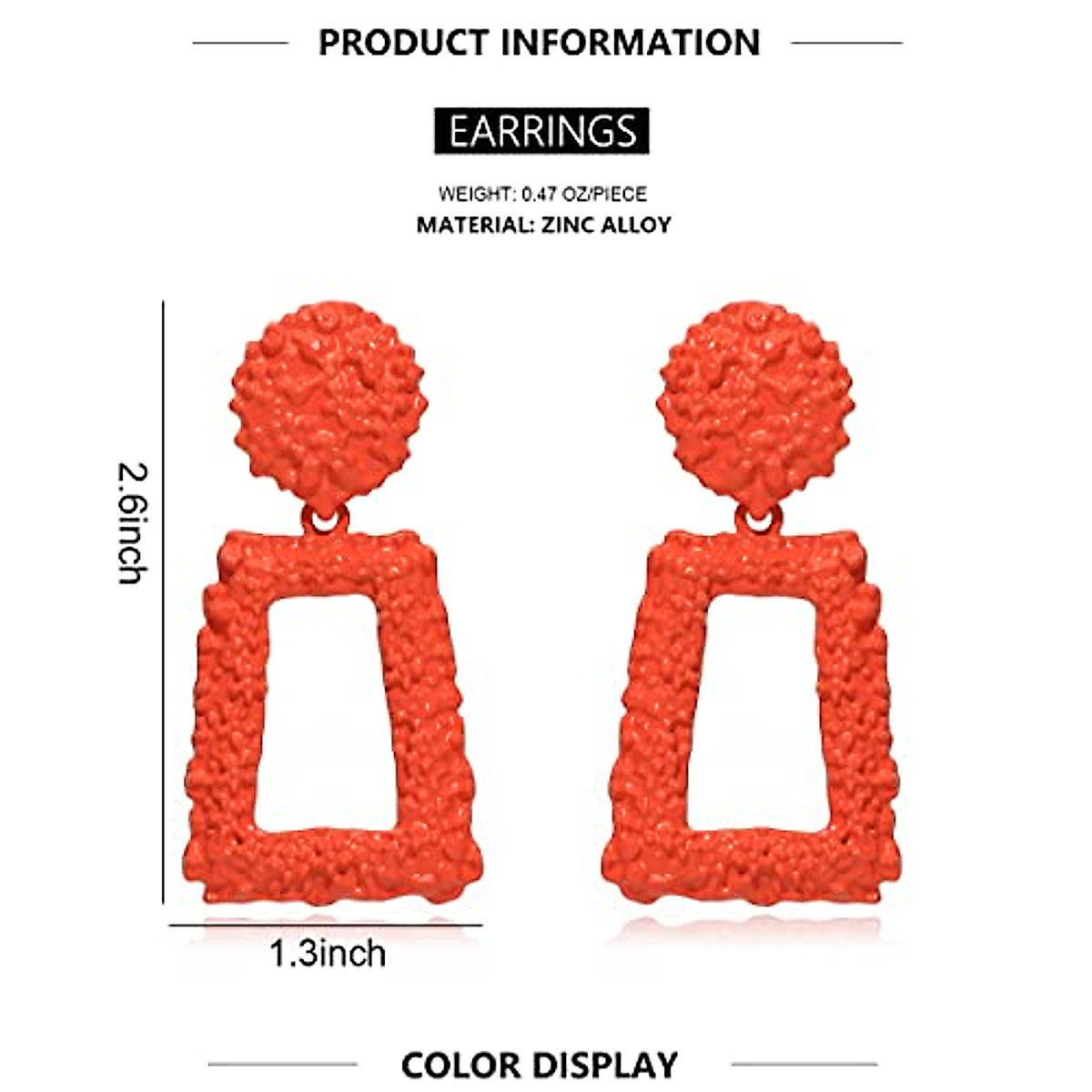 KELMALL Raised Design Drop Dangle Statement Earrings for Women Classic Metallic Geometric Rectangle Earring- Neon Orange