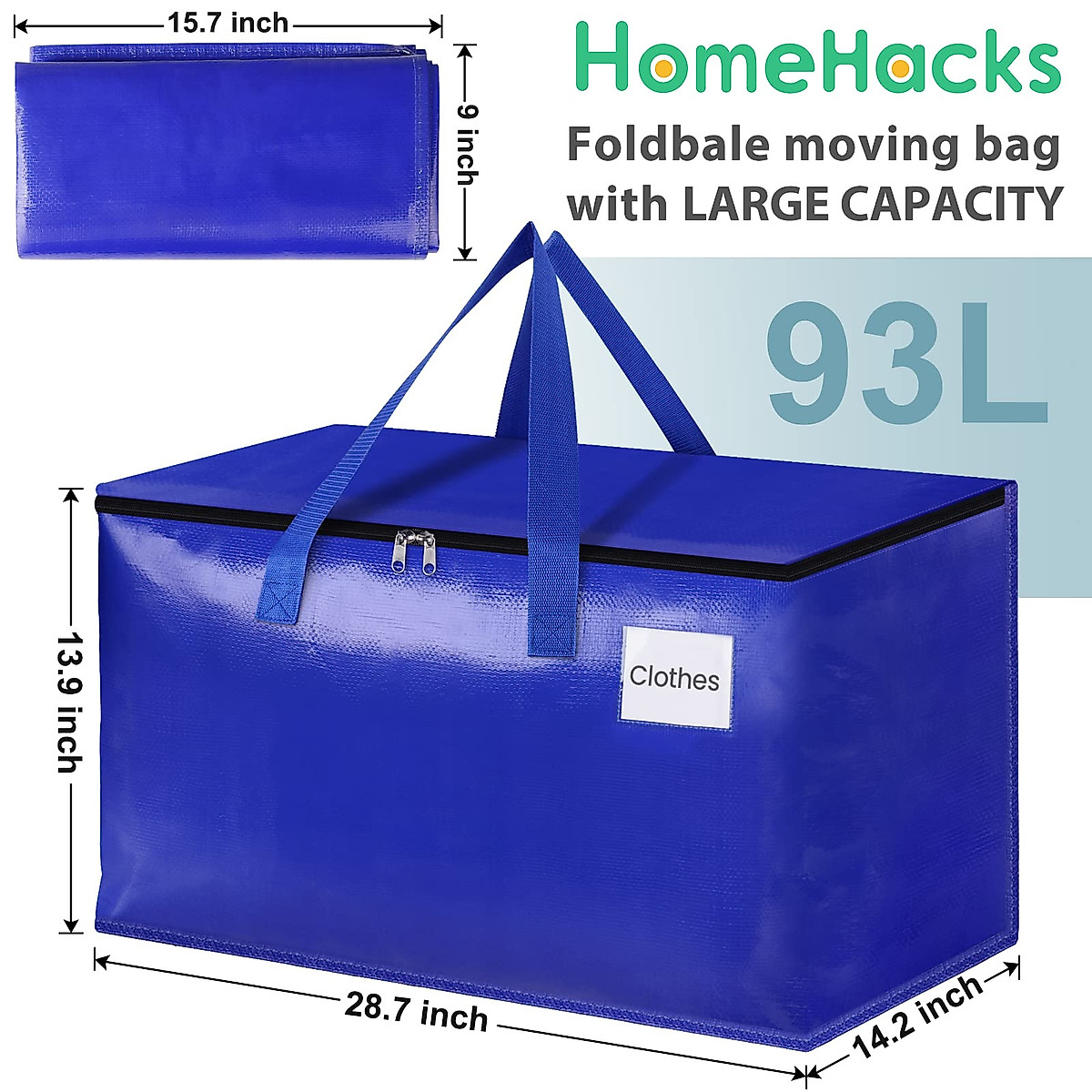 HomeHacks Moving Bags, 8-Pack Heavy Duty with Strong Zippers and Handles Collapsible Moving Supplies, Storage Totes for Packing & Moving Storing 93L (Blue)