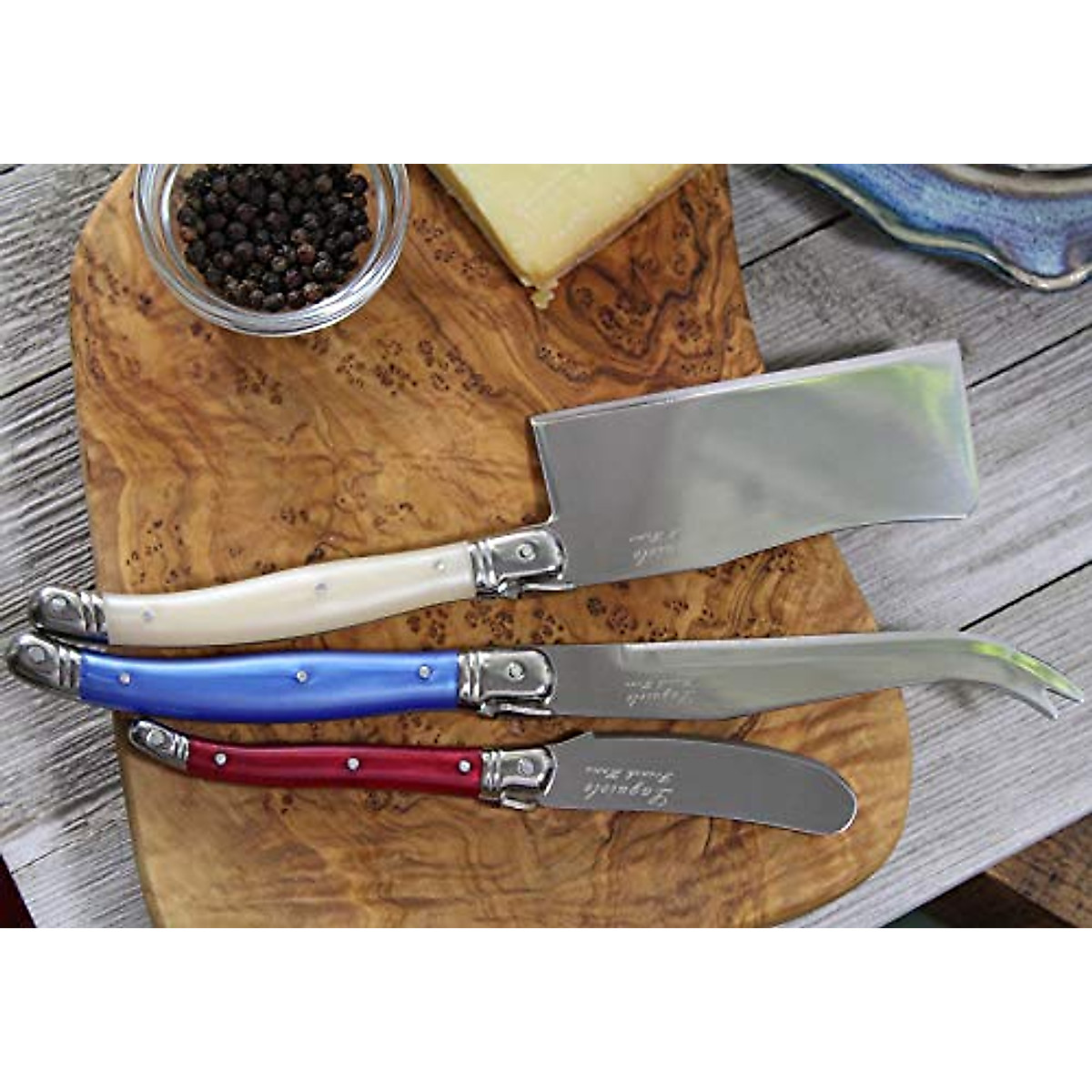 Laguiole Connoisseur Cheese Knife Set of 3 – Stainless Steel Cheese Knives Set – Cheese Spreader, Spear & Cleaver Knife – Luxurious Charcuterie Accessories for Parties (3-Piece, Red/White/Blue)