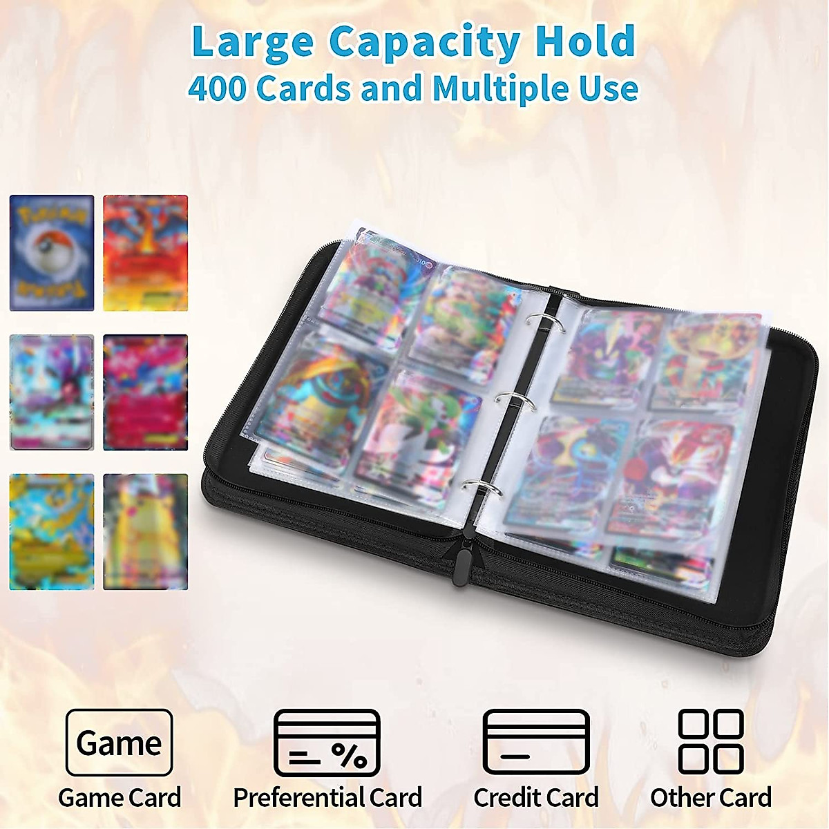 Card Binder 400 Cards Capacity with 50 Removable Sleeves, Collector Trading Card Binder 4-Pocket Storage Holder Album Book Portable Carrying Case for TCG