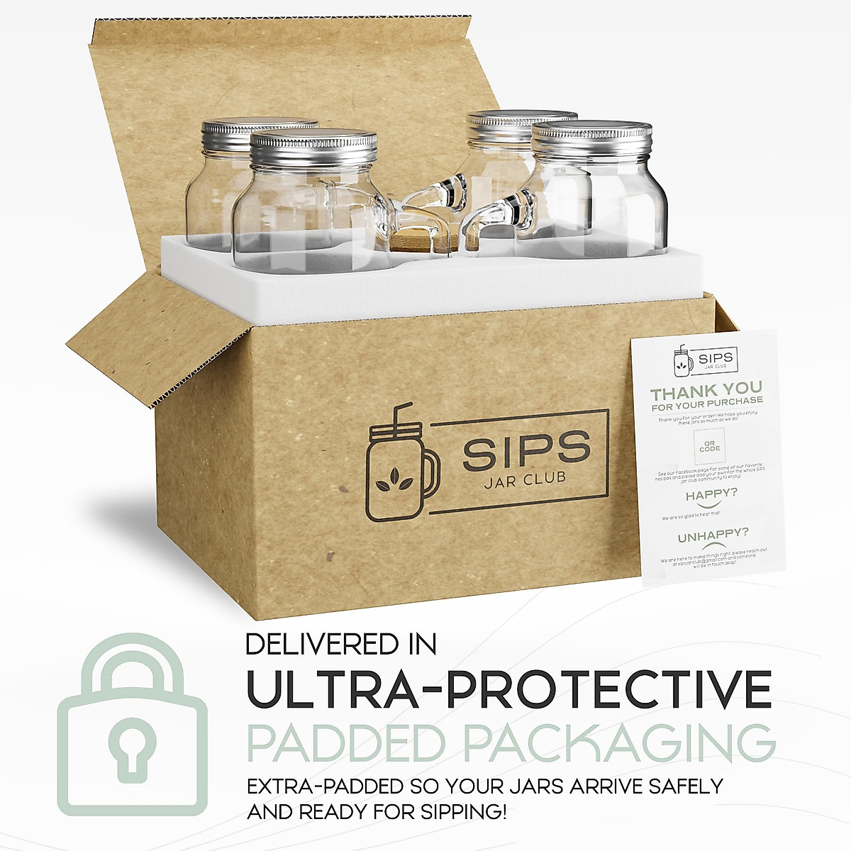 Sips Jar Club 20oz Mason Jar Mug Set of 4 with Handles, Lids, Straws & Cleaning Brush - Overnight Oats & Iced Coffee Cups