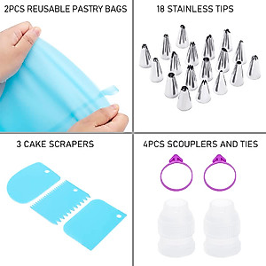 Wddeevoi Piping Bags and Tips Set, Cakes Decorating Kit Supplies with 2 Reusable Pastry Bags, 18 Frosting Tips, 2 Couplers, 2 Bag Ties, 3 Cake Scraper, Cake Decorating Tools for Cookie Icing