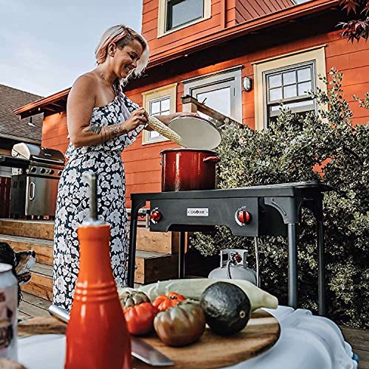 Gas One Two Burner Camping Stove Outdoor High Pressure Propane gas stove Adjustable PSI Regulator and 4ft Steel Braided Hose With Removable Legs