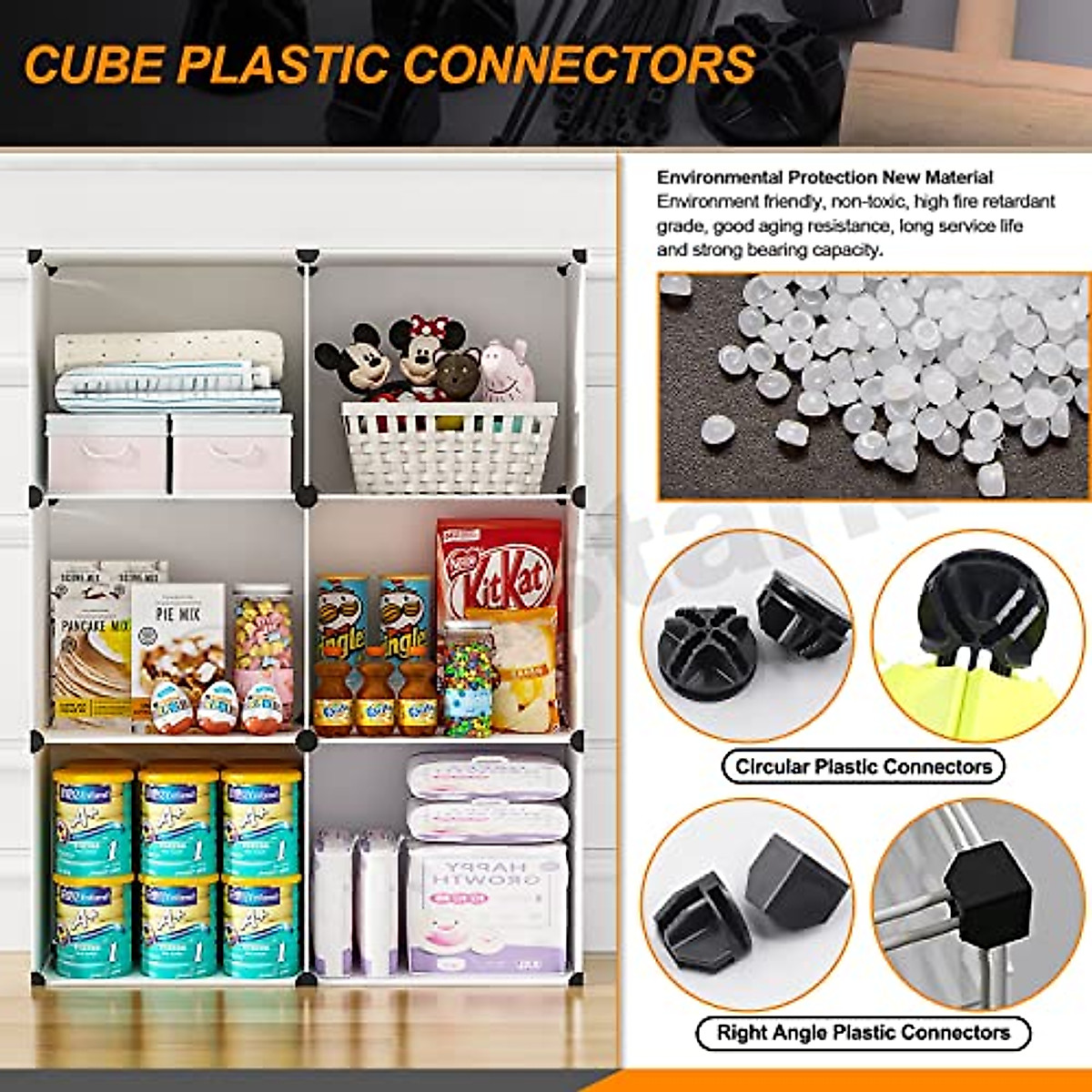 Rustark 91Pcs Black Wire Grid Cube Connectors with Zip Ties and Wooden Hammer, Cube Storage Connectors Foot Connectors for Cube Storage Modular Closet Storage Organizer and Wire Shelving