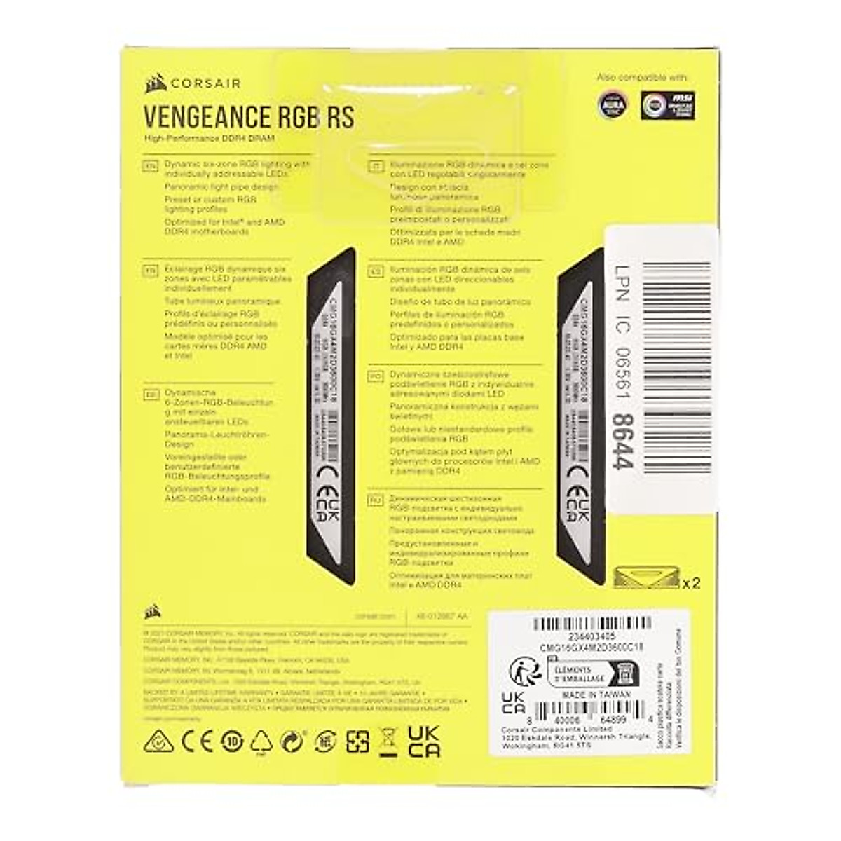 CORSAIR VENGEANCE RGB RS 16GB (2x8GB) DDR4 3600 (PC4-28800) C18 Desktop memory