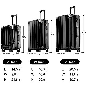 LEVEL8 Grace Luggage Sets PC+ABS Hardshell Suitcase with Spinner Wheels, Durable Lightweight Luggage TSA Lock 20" Expandable Carry on 24"/28" Checked Luggage, 3-Piece Set (20/24/28) – Black