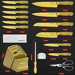 MOSFiATA Kitchen Knife Set, 17 Pcs Japanese Stainless Steel Knife Sets for Kitchen with Block with Knife Sharpening Rod, Dishwasher Safe, Gift Set,Titanium Plated Knife Block Set