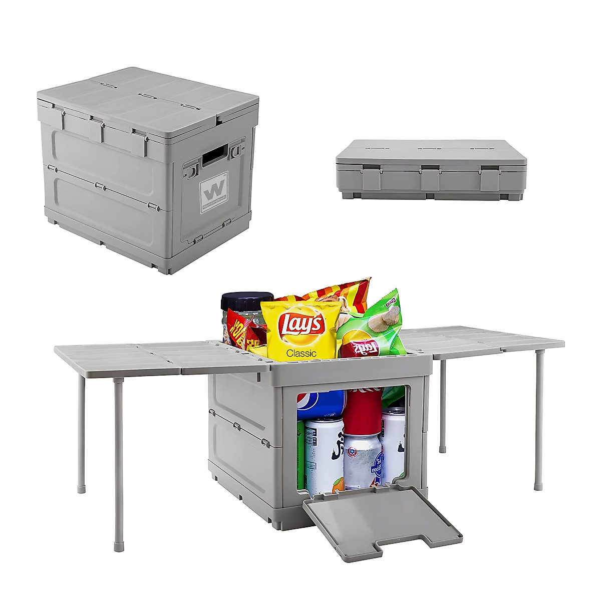 W WANTSANDNEEDS Folding Storage Bin – Collapsible Foldable Storage Bin with Lid – 2-in-1 Portable Plastic Bin with Folding Table – Storage Tote for Camping, Picnic, Outdoor Activities, Tailgating
