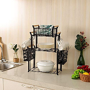 TQVAI 3 Tier Buffet Caddy(Set of 9) Napkin Plate Utensils Organizer with 4 Mugs Hooks - Ideal for Kitchen, Dining, Entertaining, Parties, Picnics, Black