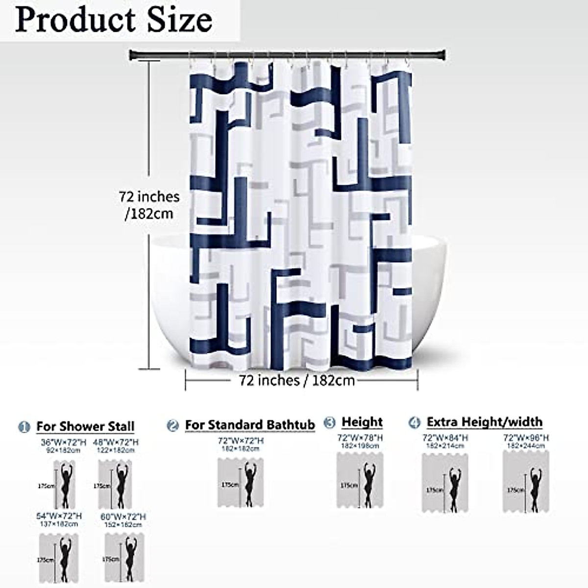 Naturoom Modern Geometric Shower Curtain Blue, Water Repellent, Polyester Bath Curtain for Bathroom, Textured Fabric Curtain Set with 12 Hooks, Machine Washable, 72 x 72 inch