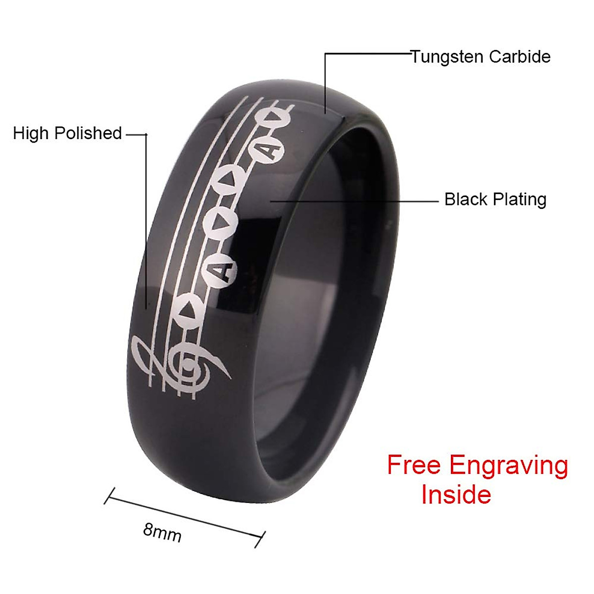 Tungsten Wedding Ring 8mm Width Black/Blue/Silver Dome Legend of Zelda Song Ring Storms & Triforce Design Ring Music Ring- FREE Inside Engraving (Black, 7)