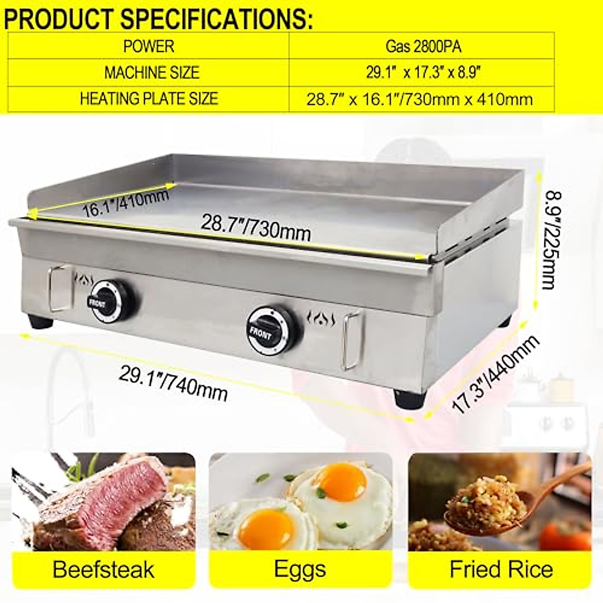 TECHTONGDA LPG Gas Countertop Flat Top Griddle Commercial Stainless Steel Griddle Grill Hot Plate BBQ Teppanyaki Grill with Adjustable Temperature Control for Restaurant Kitchen 2800Pa 28.94x16.14 in