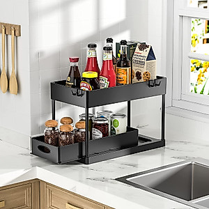 Under Sink Organizers and Storage, 2 Tier Under Cabinet Organizer with Hooks, Slide Out Bathroom Organizer for Bathroom and Kitchen, Black