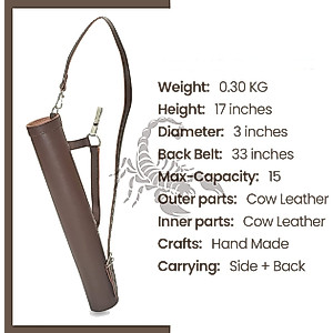 Scorpion Archery Back Arrow Quiver - Genuine Leather Arrow Case - Traditional Handmade Archery Quiver for Hunting & Target Practicing - Adjustable Lightweight & Comfortable Cow Leather) (Brown)
