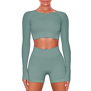 Buttergene Women Workout Sets 2 Pieces Long Sleeve Yoga Outfits Gym Clothes Seamless Ribbed Crop Top High Waist Leggings