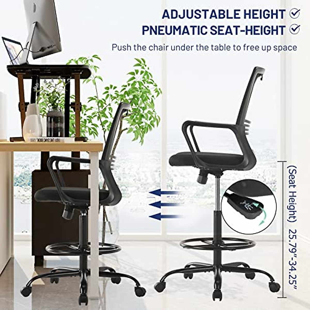 Tall Office Chair, Drafting Chair, Counter Height Office Chairs, High Adjustable Standing Desk Chair, Ergonomic Mesh Computer Task Chair with Armrests and Adjustable Foot-Ring for Bar Height Desk