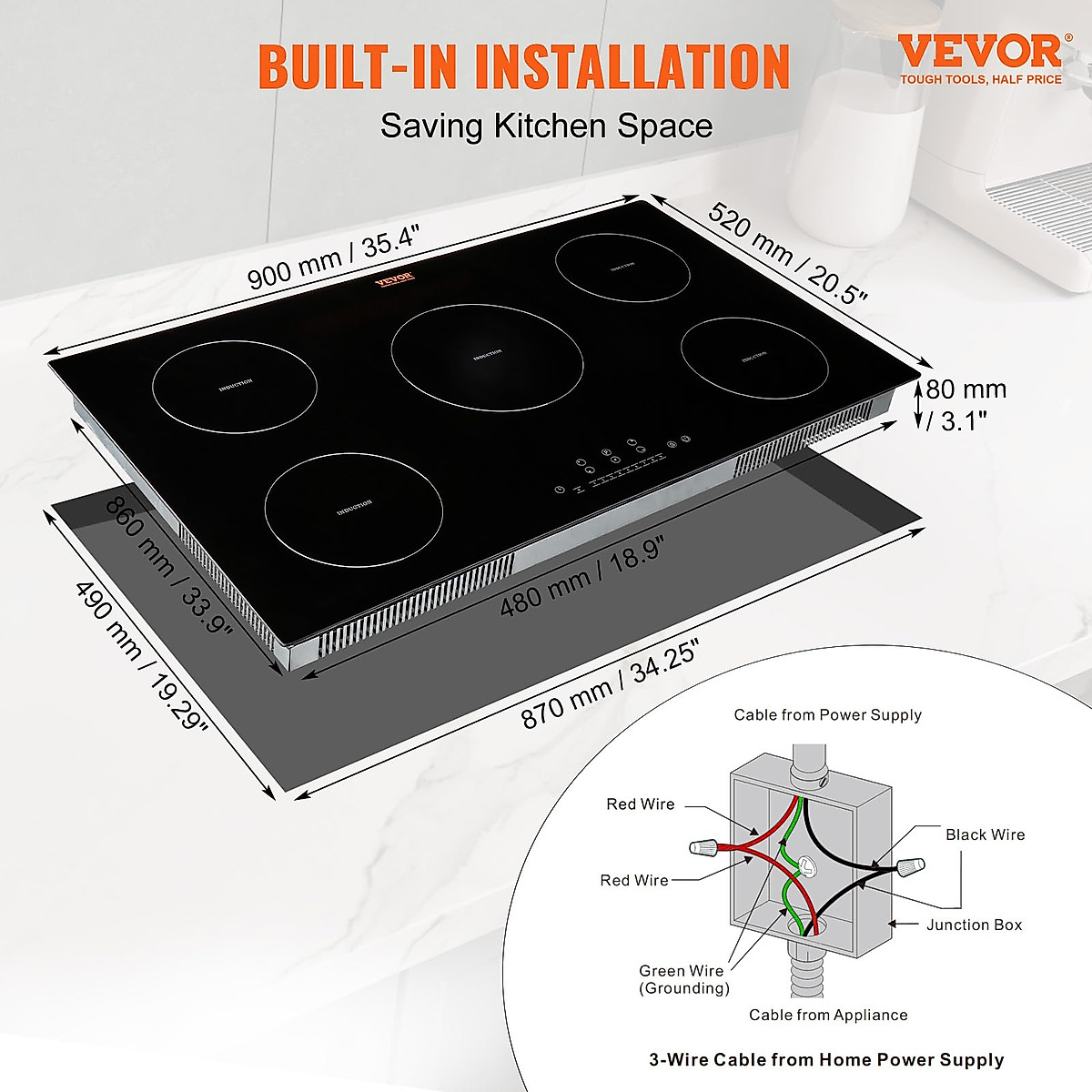 VEVOR Built-in Induction Electric Stove Top 5 Burners,35 Inch Electric Cooktop,9 Power Levels & Sensor Touch Control,Easy to Clean Ceramic Glass Surface,Child Safety Lock,240V