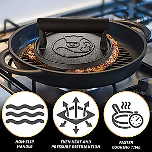 Smash Burger Press - Heavy Duty Hamburger Press w/Heat Resistant Handle - Cast Iron Grill Press, Bacon Press, Sandwich Press - Round Burger Smasher for Griddle - Meat Press - BBQ Grilling Accessories