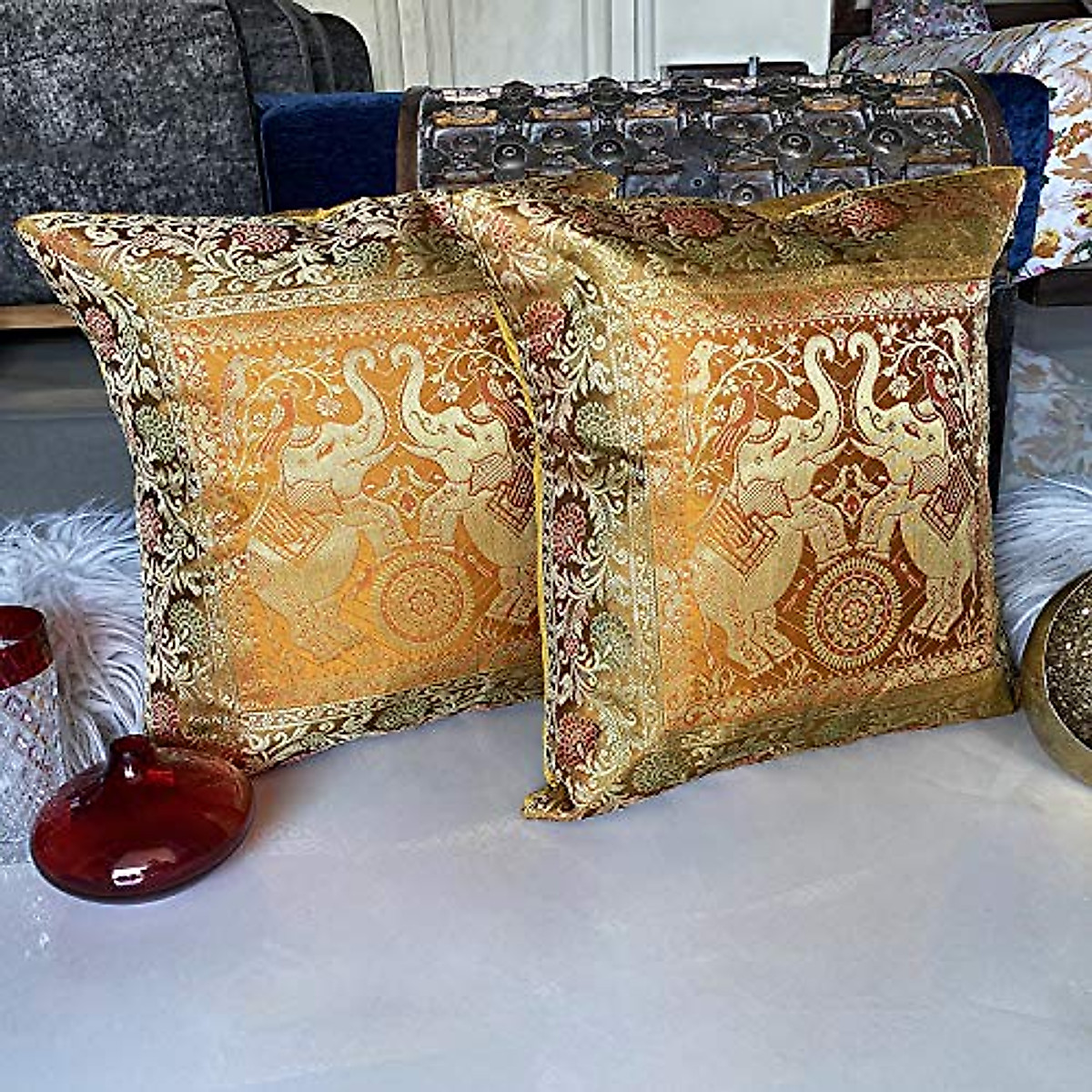 DecorHack by Arusaya Set of 2 Elephant Design Indian Traditional Throw Pillow Cover Beige Cushion Cover 16 X 16 Inch