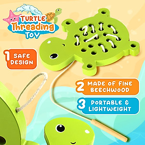 KLT Wooden Lacing Threading Toys for Toddlers Fine Motor Skills, 1 Turtle 1 Starfish Car Airplane Toddler Travel Toys, Wood Puzzle Educational Gifts Learning Montessori Toys for 3, 4, 5 Years Old Kids