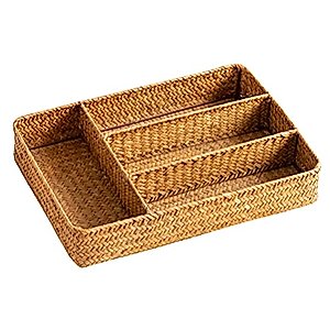 STOBOK 1Pc Woven Kitchen Drawer, Organizer Rattan Utensil Tray Silverware Tray Cutlery Storage Basket Compartment Forks Spoon Storage Tray for Home