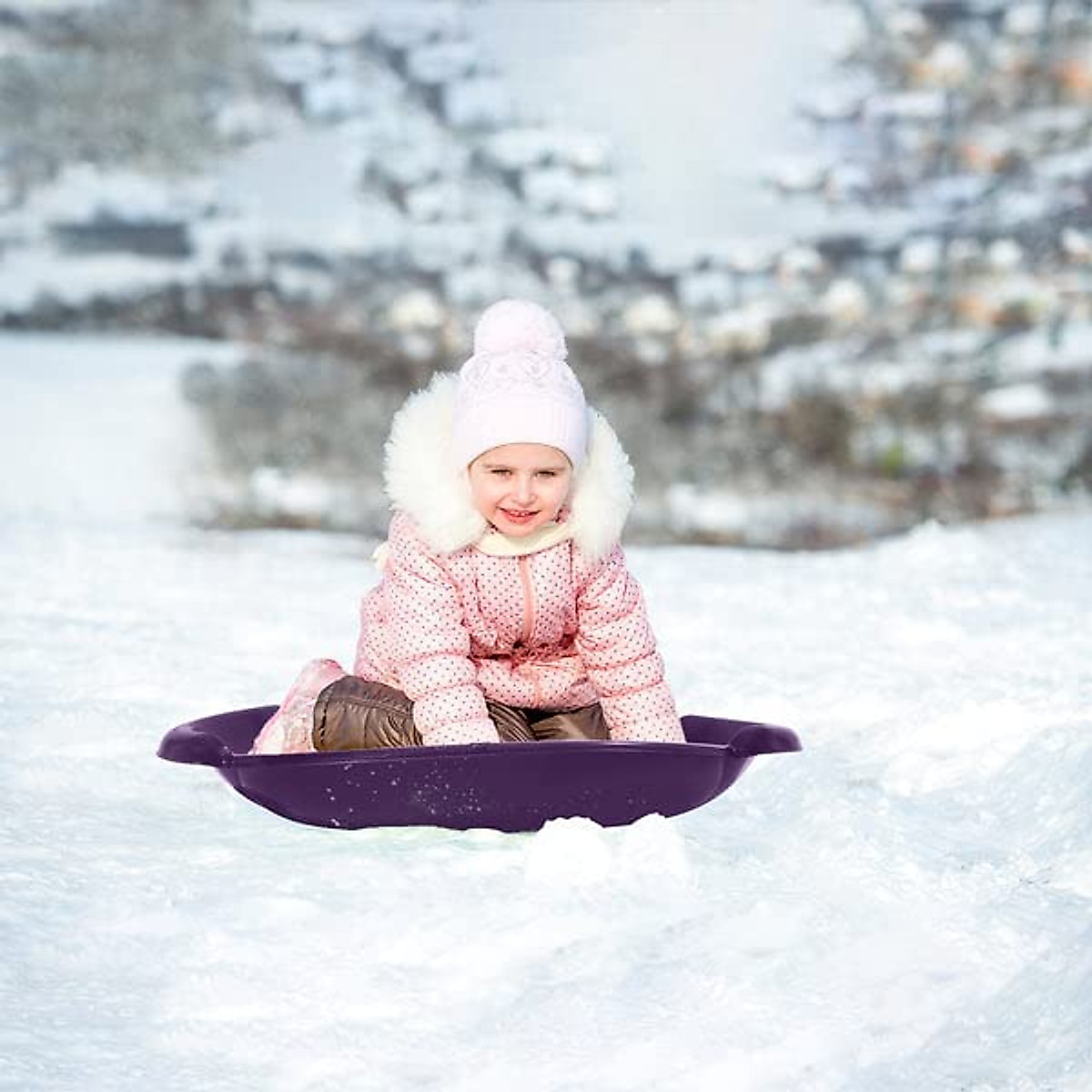 Superio Round Saucer Snow Sled, Purple Spiral Plastic Sled with Handles 24" Winter Snow Fun for Kids and Adults