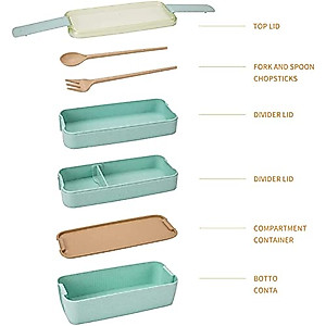 Rarapop 3 Pack Stackable Bento Box Japanese Lunch Box Kit with Spoon & Fork, 3-In-1 Compartment Wheat Straw Meal Prep Containers for Kids & Adults (Green/Pink/Beige)