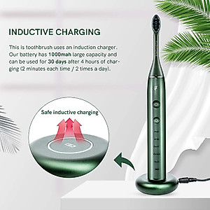 Flexforce Electric Toothbrush Adult, Rotating, Whitening Teeth Without Hurting Gums, 4 Replacement Toothbrush Heads, 1 Travel Box, 1 Dental Floss, Inductive Rechargeable, 5 Cleaning Modes, Green